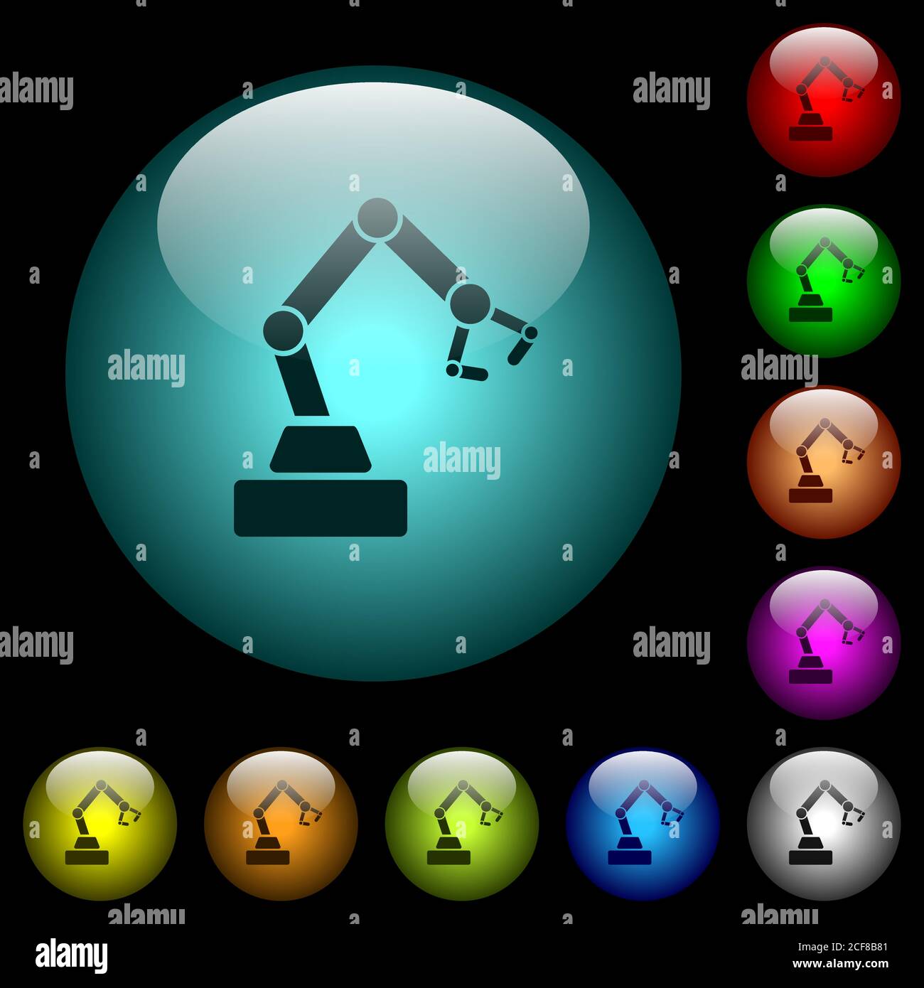 Robot arm icons in color illuminated spherical glass buttons on black ...