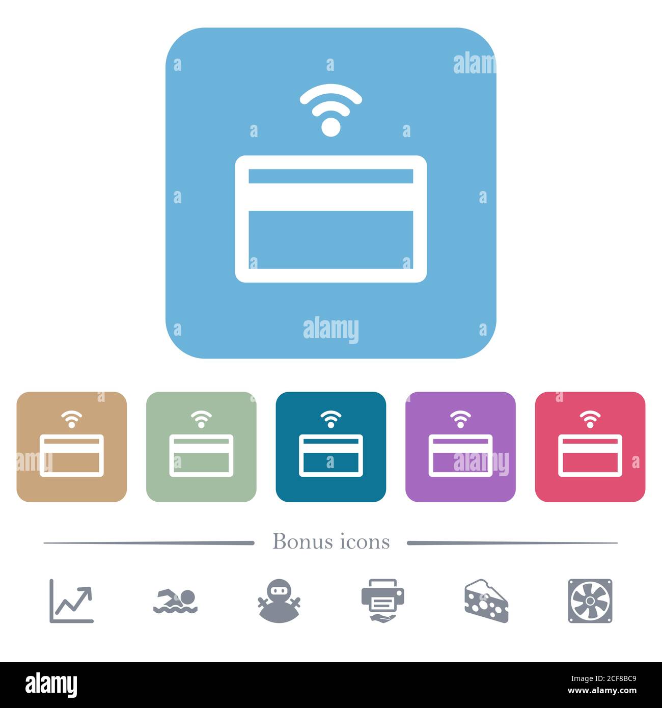 Contactless credit card white flat icons on color rounded square ...