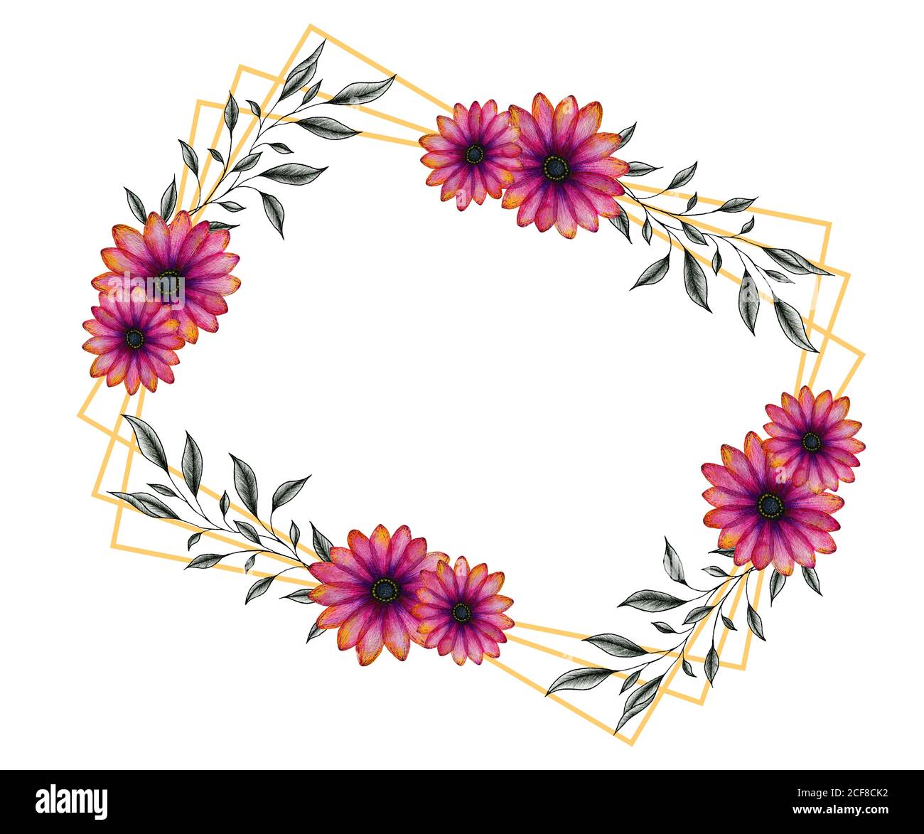 golden frame with pink daisy flowers and leaves, graphic floral ...
