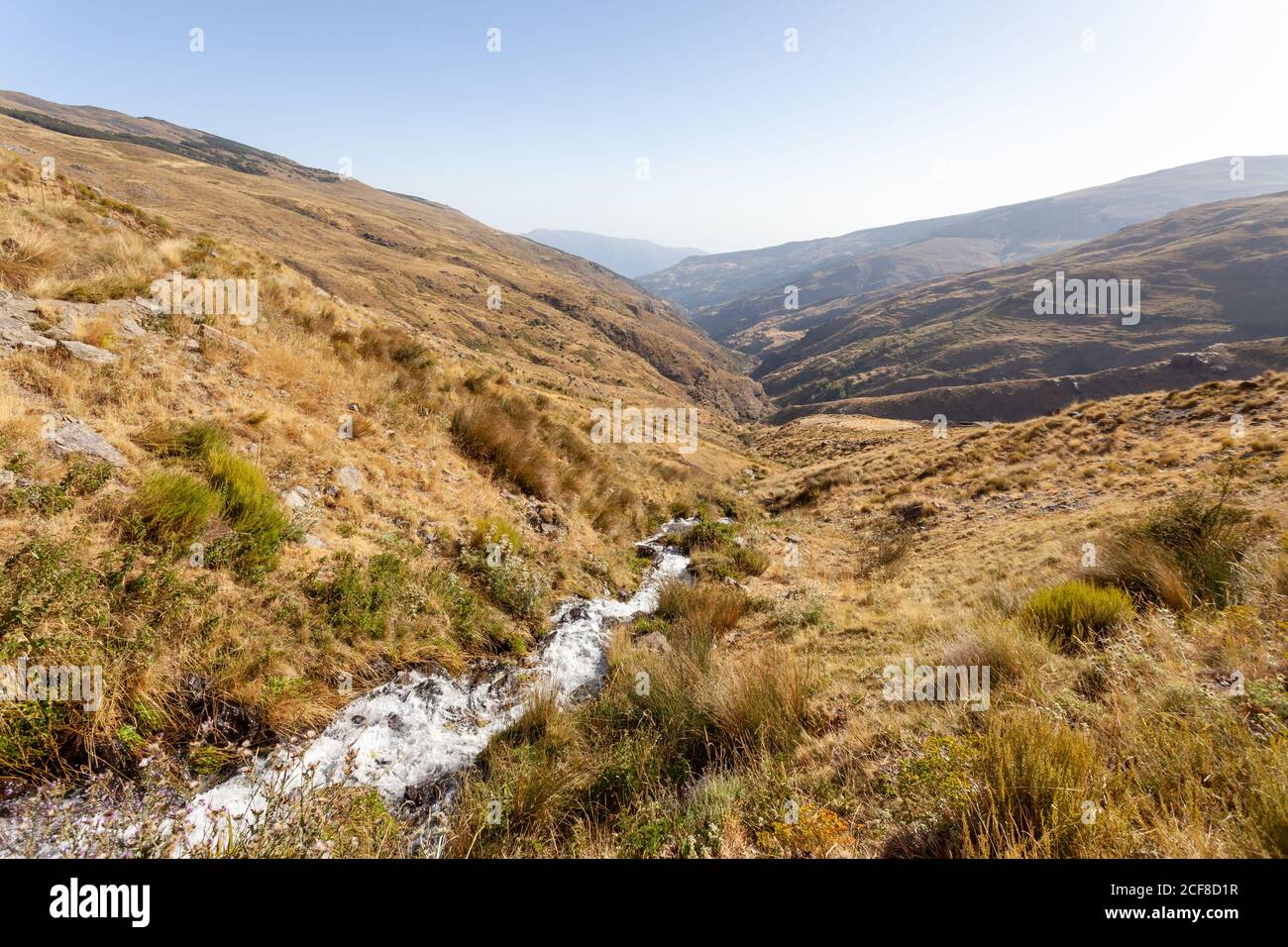 Dried landscape view of Nacimiento river valley in Sierra Nevada, Spain ...