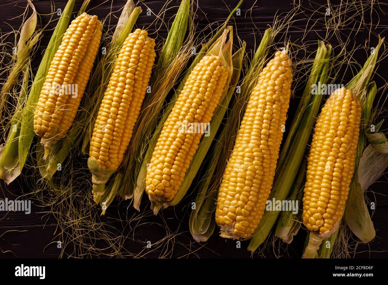 Row of fresh corncobs with outer leaves open to expose the corn kernels ...