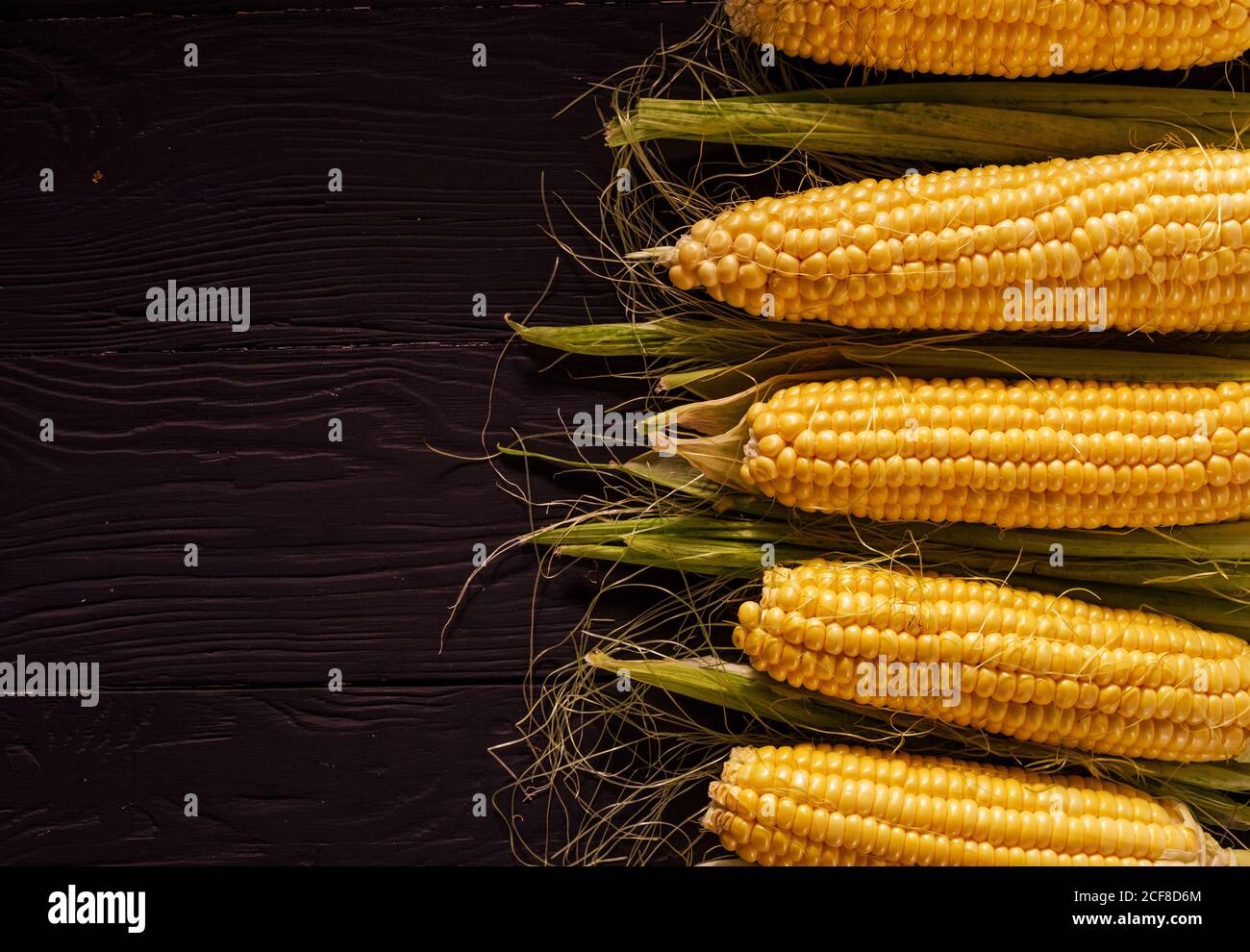 Border of fresh corn on the cob with the corncobs arranged in a row ...