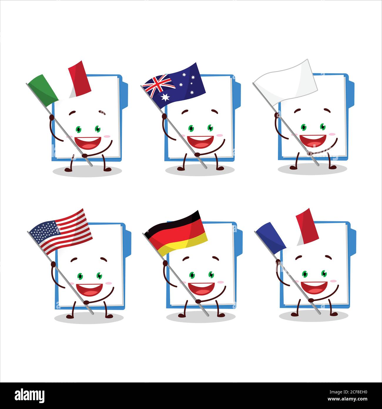Blue manila folder cartoon character bring the flags of various ...