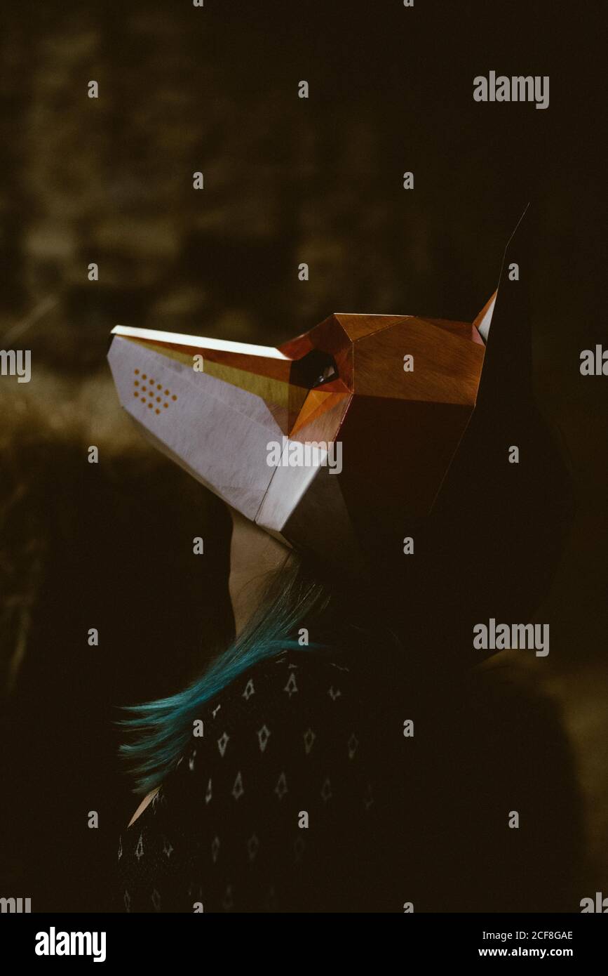 anonymous female in paper fox mask walking in mysterious autumn forest ...