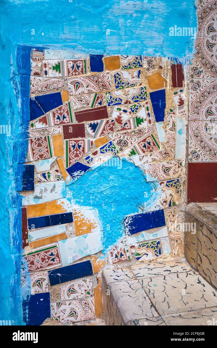 Broken tiles in Chefchaouen. Blue city medina in Morocco with blue ...