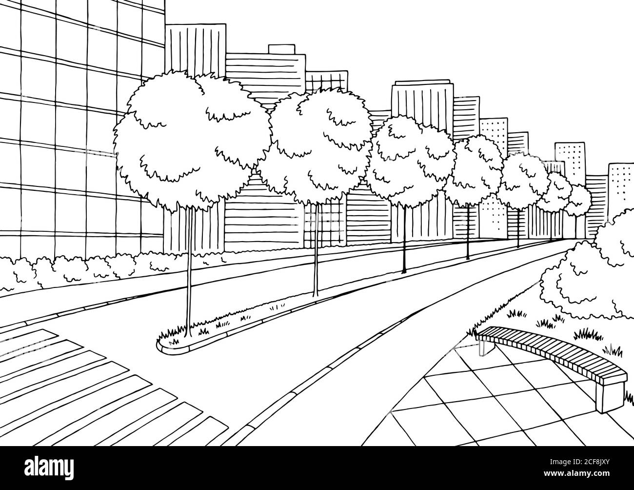 Street road graphic black white city landscape sketch illustration ...