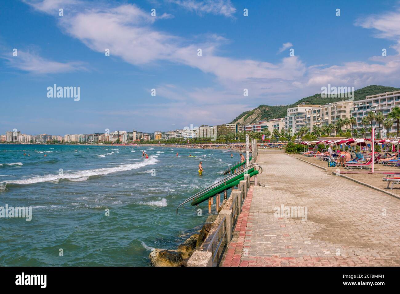 Vlora/Albania – August 7, 2020: summer resort – turquoise sea water ...