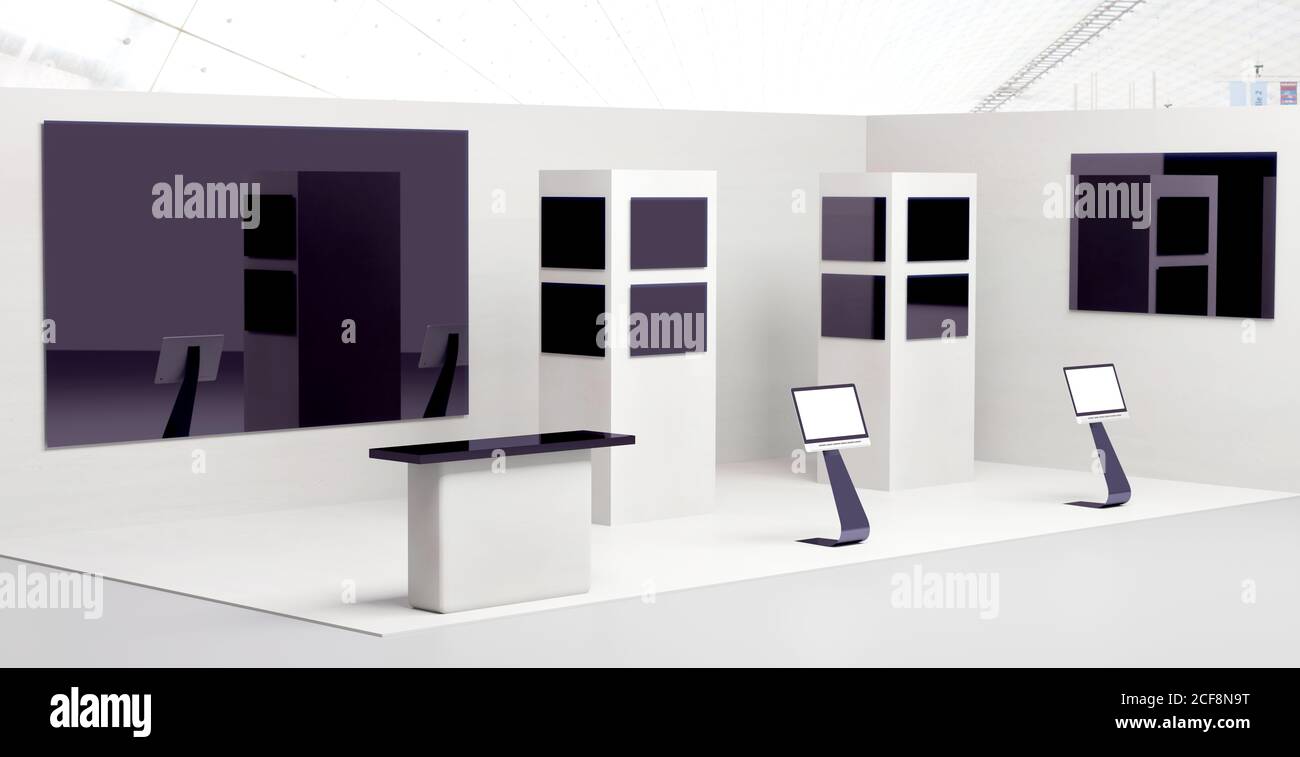 An exhibition booth with screens and reception desk, 3D illustration ...