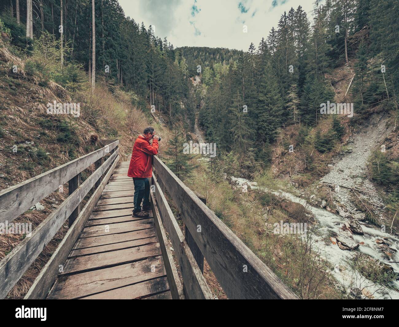 Side view traveller photographing walking hiking footpath picturesque ...