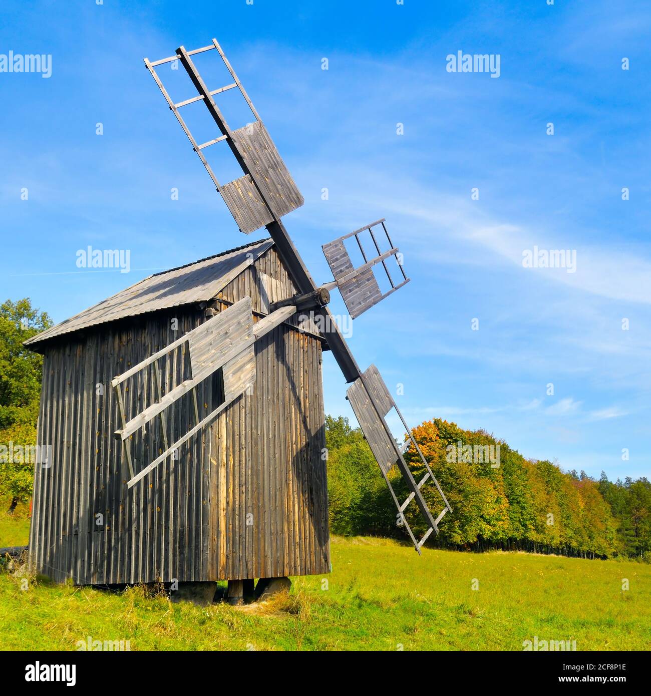 Old wooden windmill. View of Open-air Museum of Folk Architecture and ...