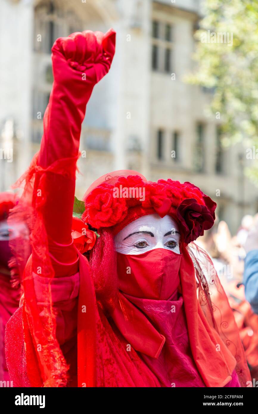 Portrait of a red-robed protester during Extinction Rebellion ...