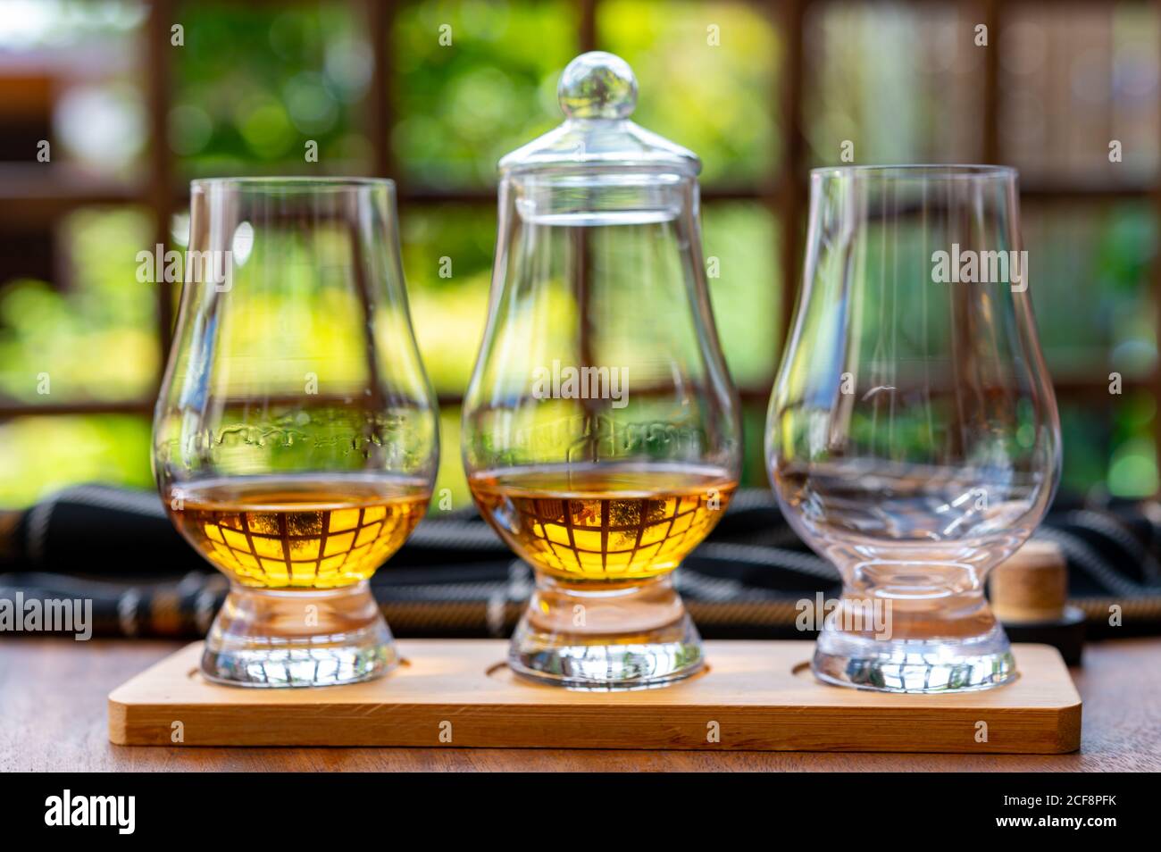 Tasting of different Scotch whisky drinks in traditional old British ...