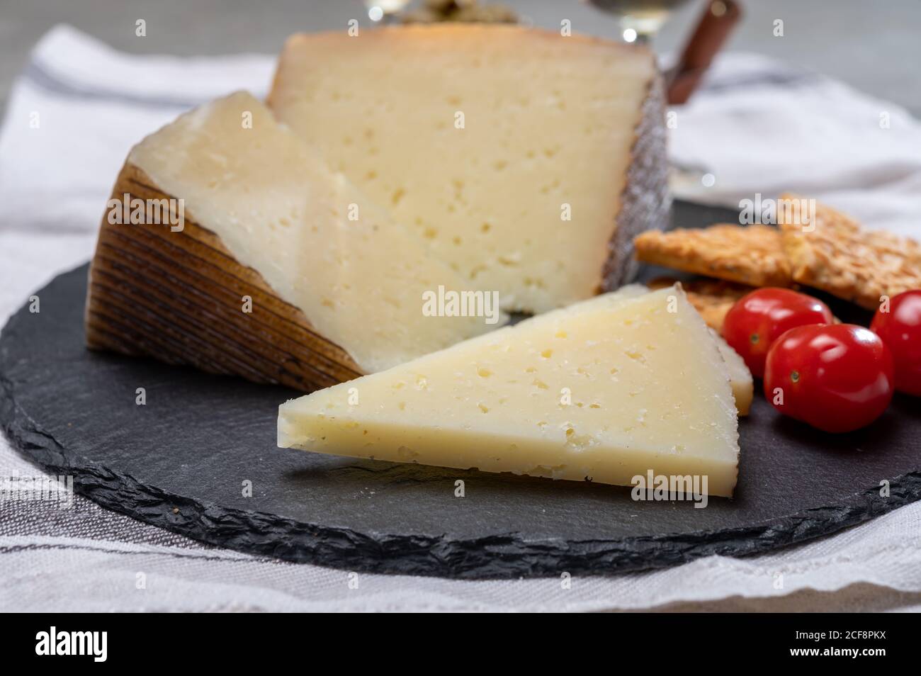 Spanish tapas, manchego cheese made from sheep milk and green olives ...