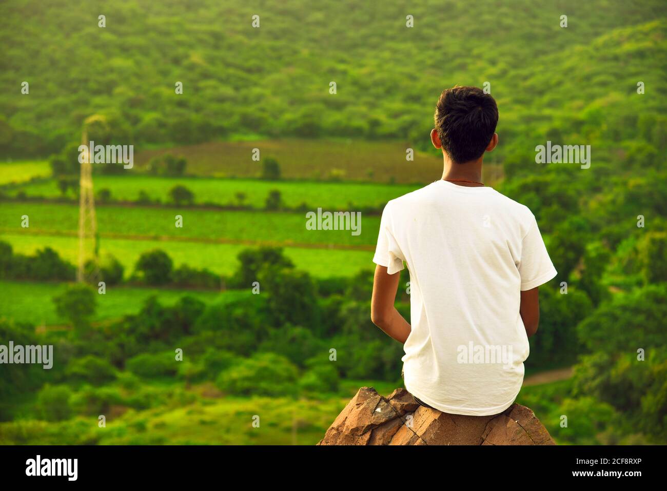 young boy sitting on mountain rock back view Stock Photo - Alamy