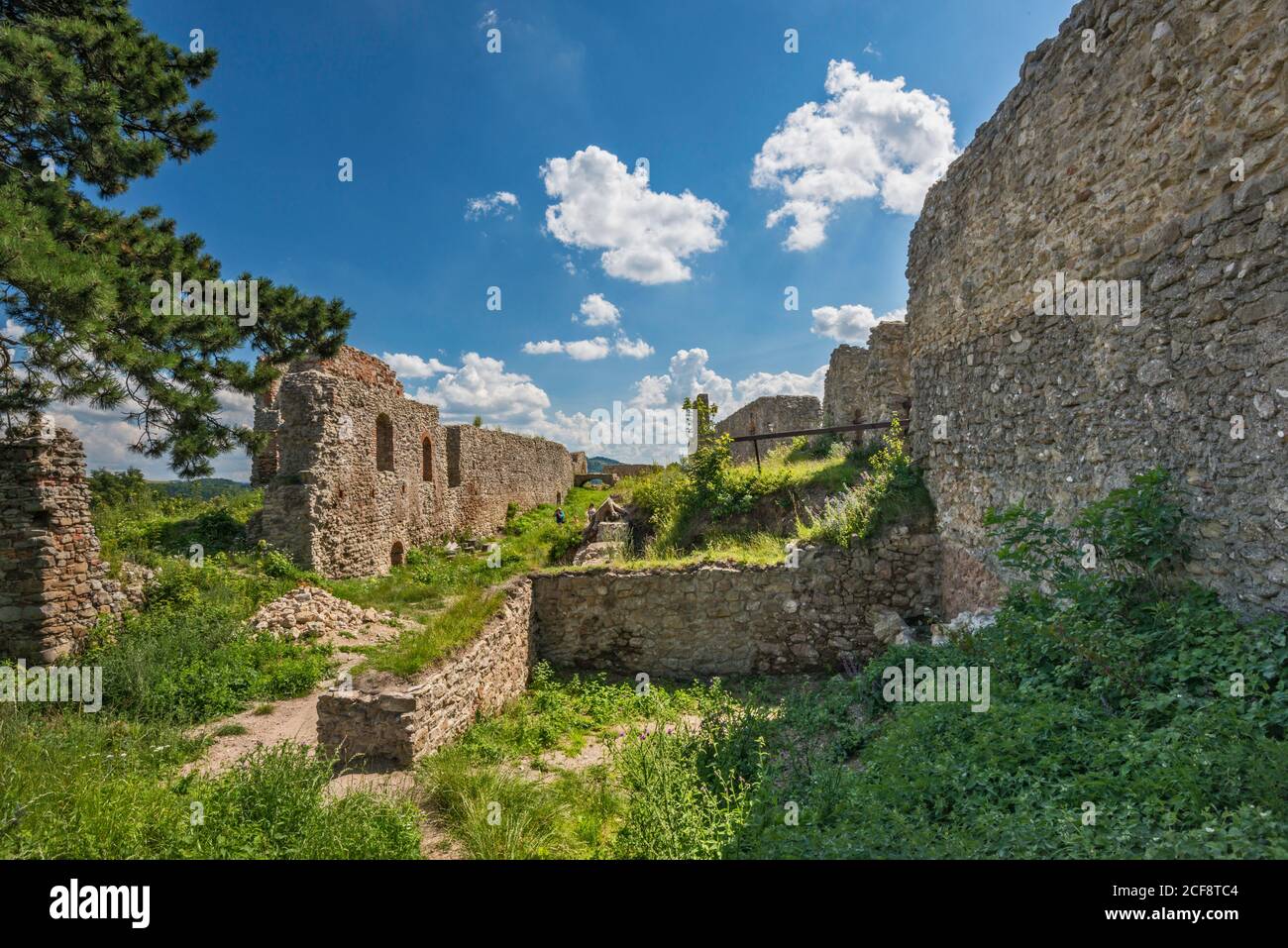 Ruins of Starojicinsky hrad, medieval castle on hill above village of ...