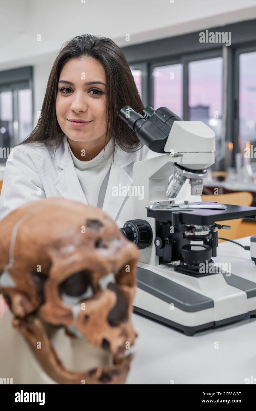 Scientists examining skull in lab Stock Photo - Alamy