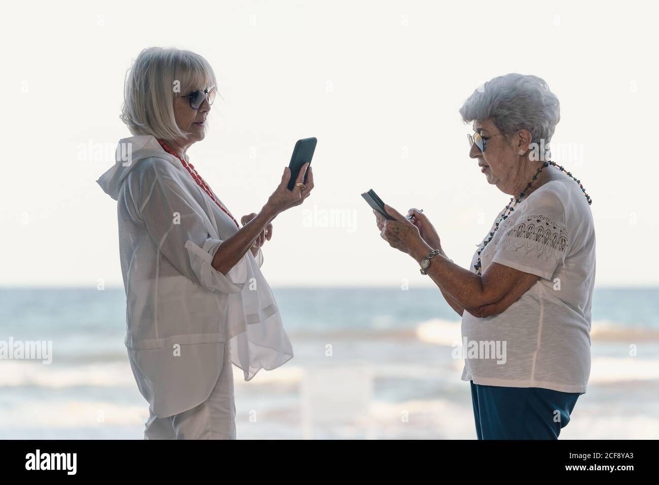 Side view of aged confident thoughtful modern grey-haired seniors ...