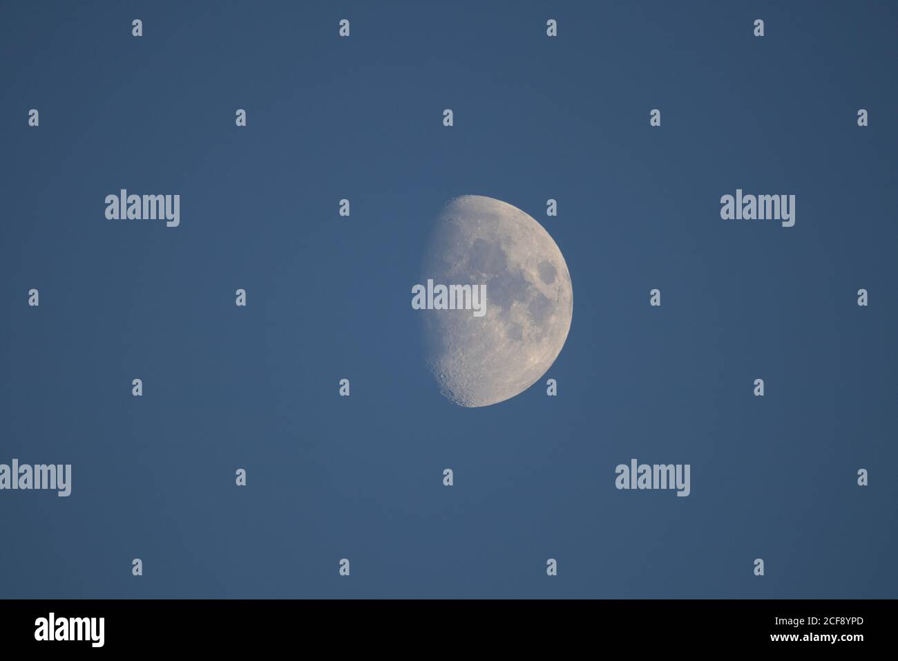 A half moon shining white in the blue of the late evening sky Stock ...