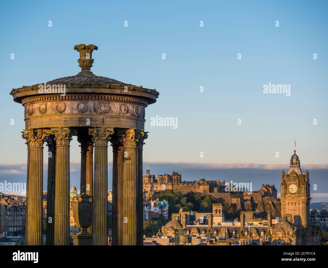 Sunrise, View of Dugald Stewart Monument, Edinburgh Castle and the ...