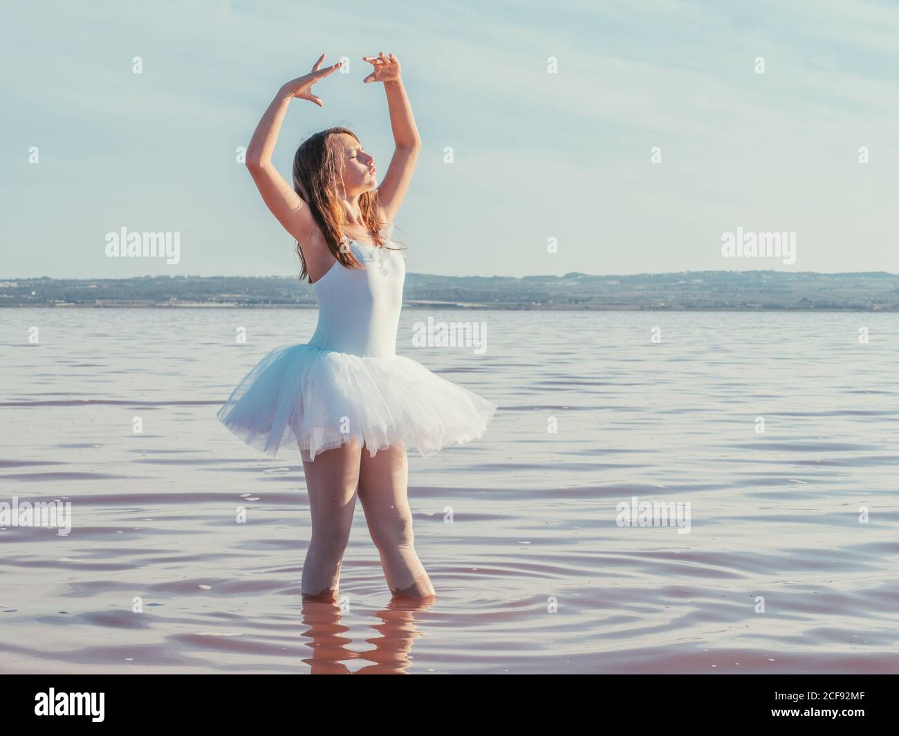 Classical ballet position gracefully performing by ballerina with ...