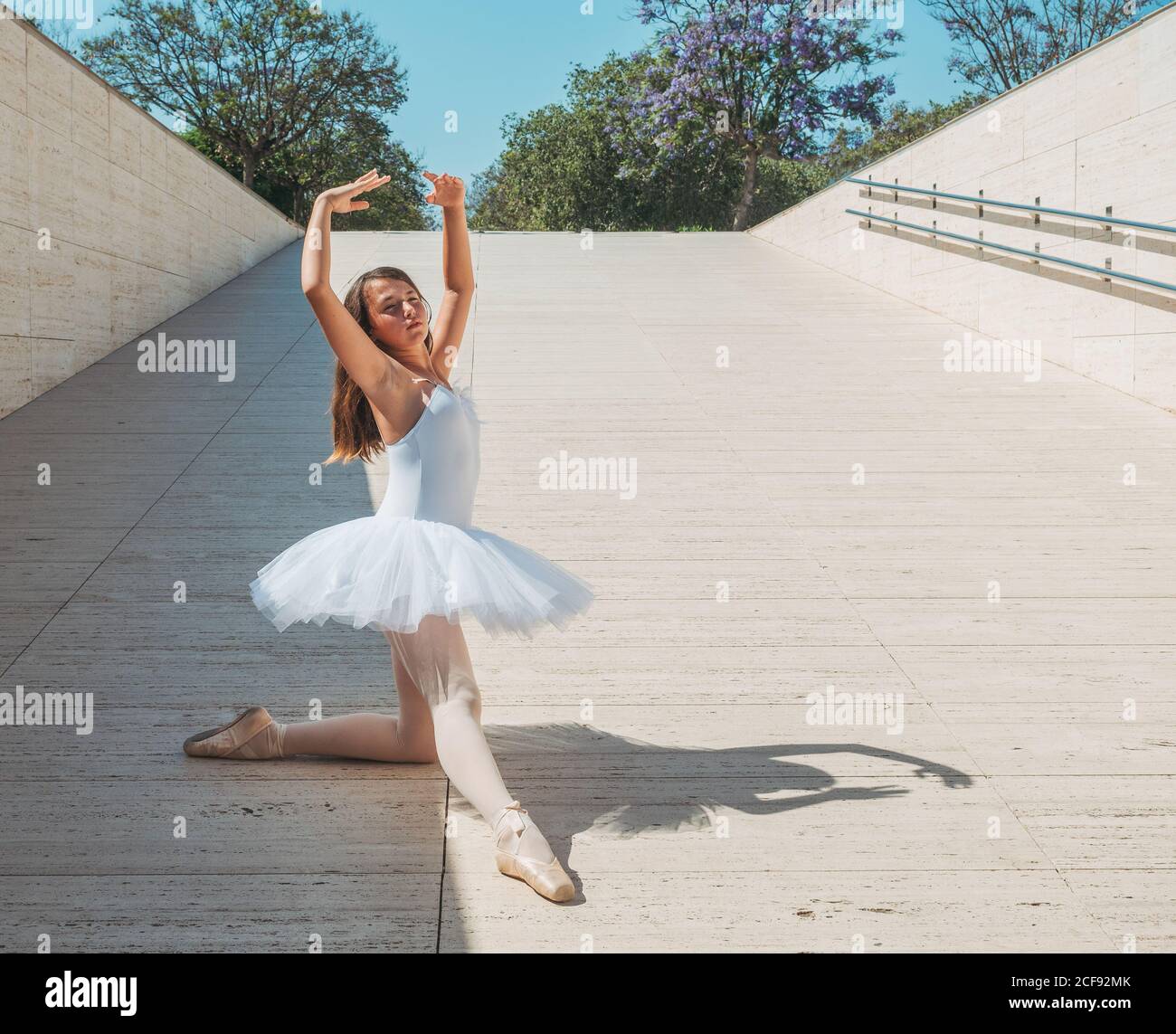 Classical ballet position gracefully performing by ballerina with ...