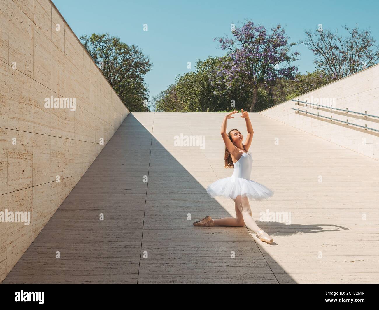 Classical ballet position gracefully performing by ballerina with ...