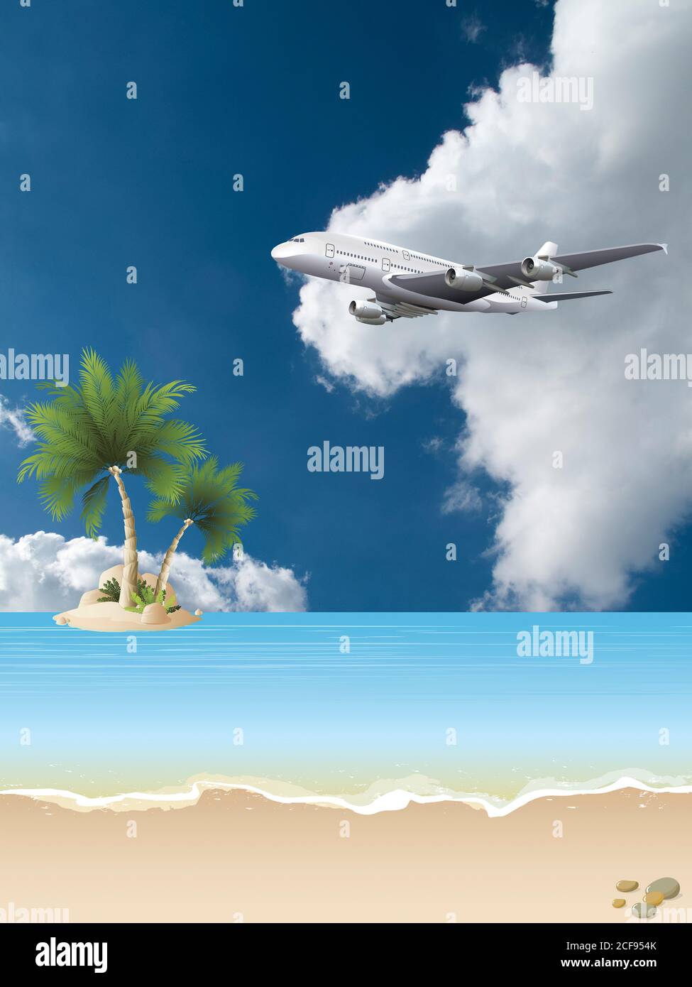 Tropical island beach scene with passenger aircraft flying over set ...