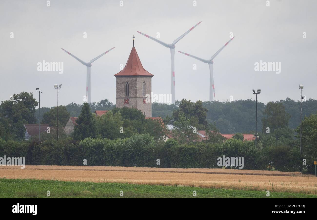 Blaufelden, Germany. 15th July, 2020. Wind turbines can be seen behind ...