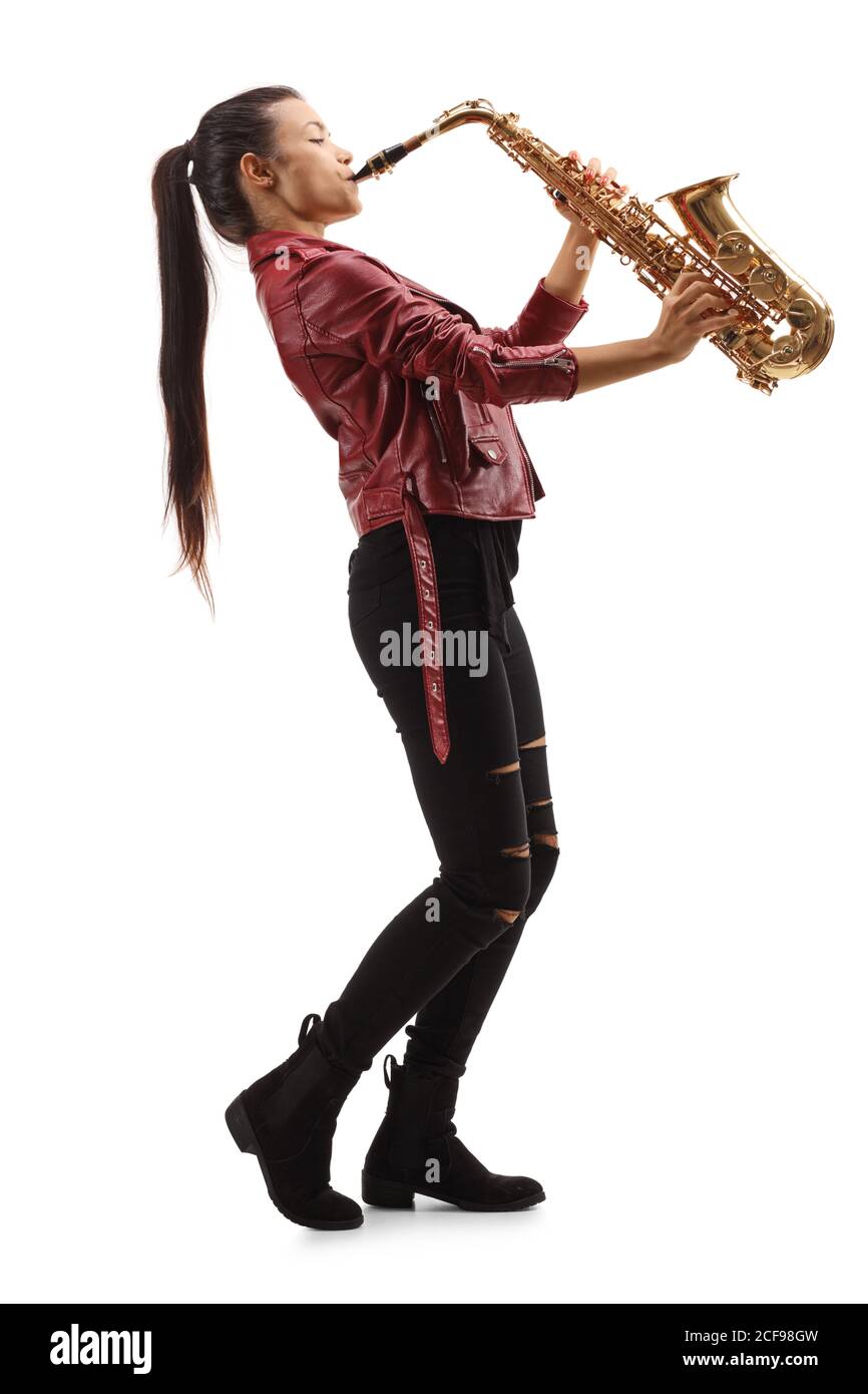 Full length profile shot of a female saxophonist with long black hair ...