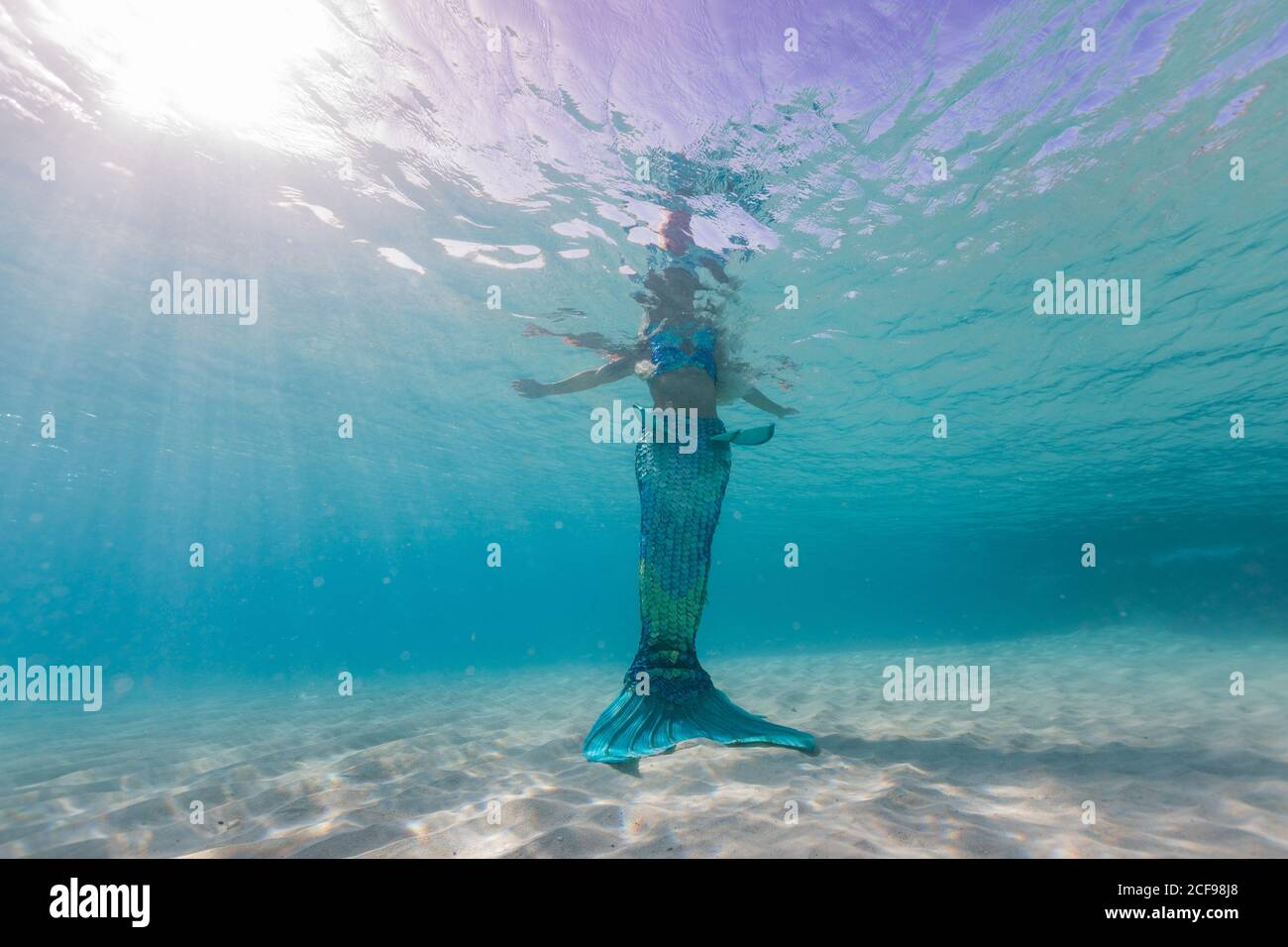 Beautiful carefree young mermaid with blue fishtail swimming underwater ...