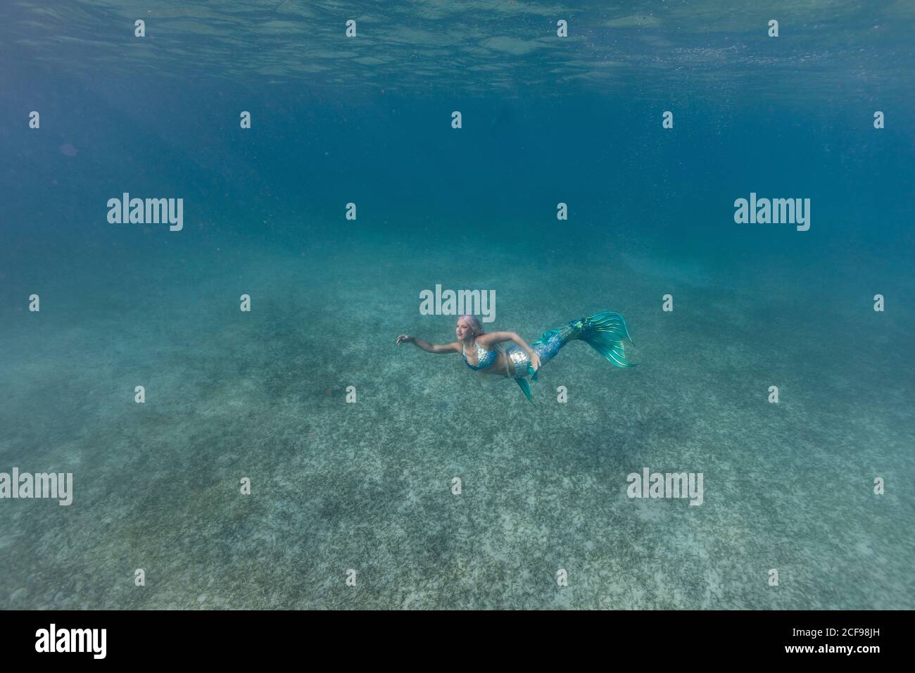 Beautiful carefree young mermaid with blue fishtail swimming underwater ...
