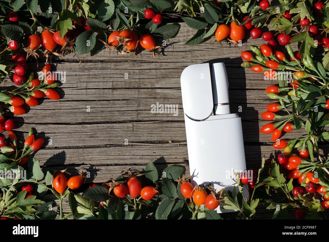 White battery lies on decorative abstract wooden texture with red berry ...