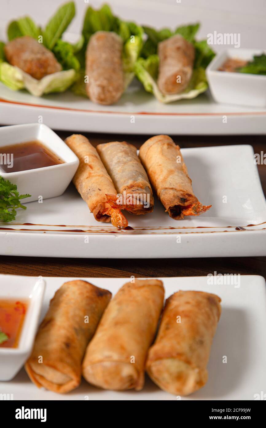 Traditional Asian crispy fried spring rolls with various fillings ...