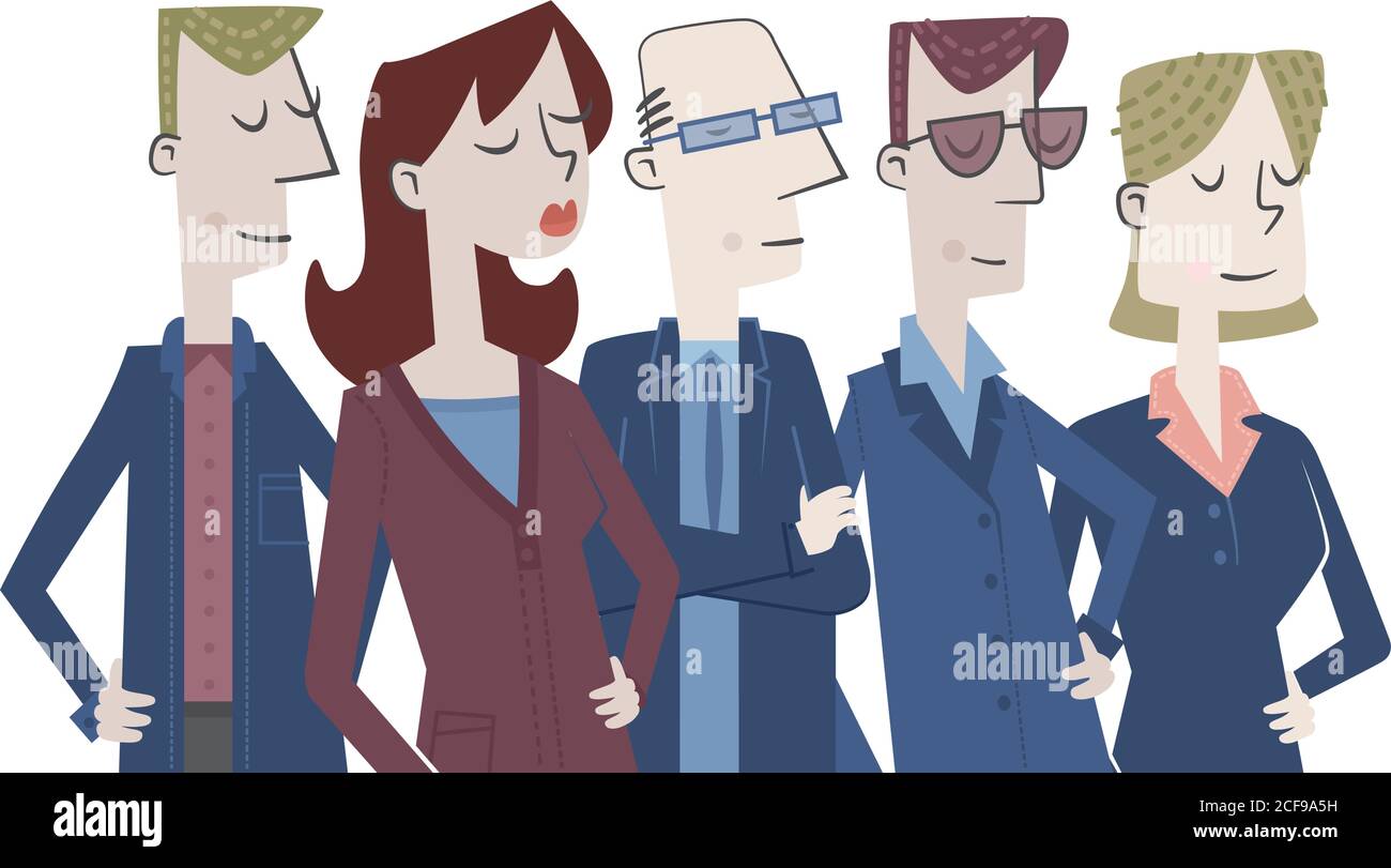Retro style illustration of several people who form a teamwork Stock ...