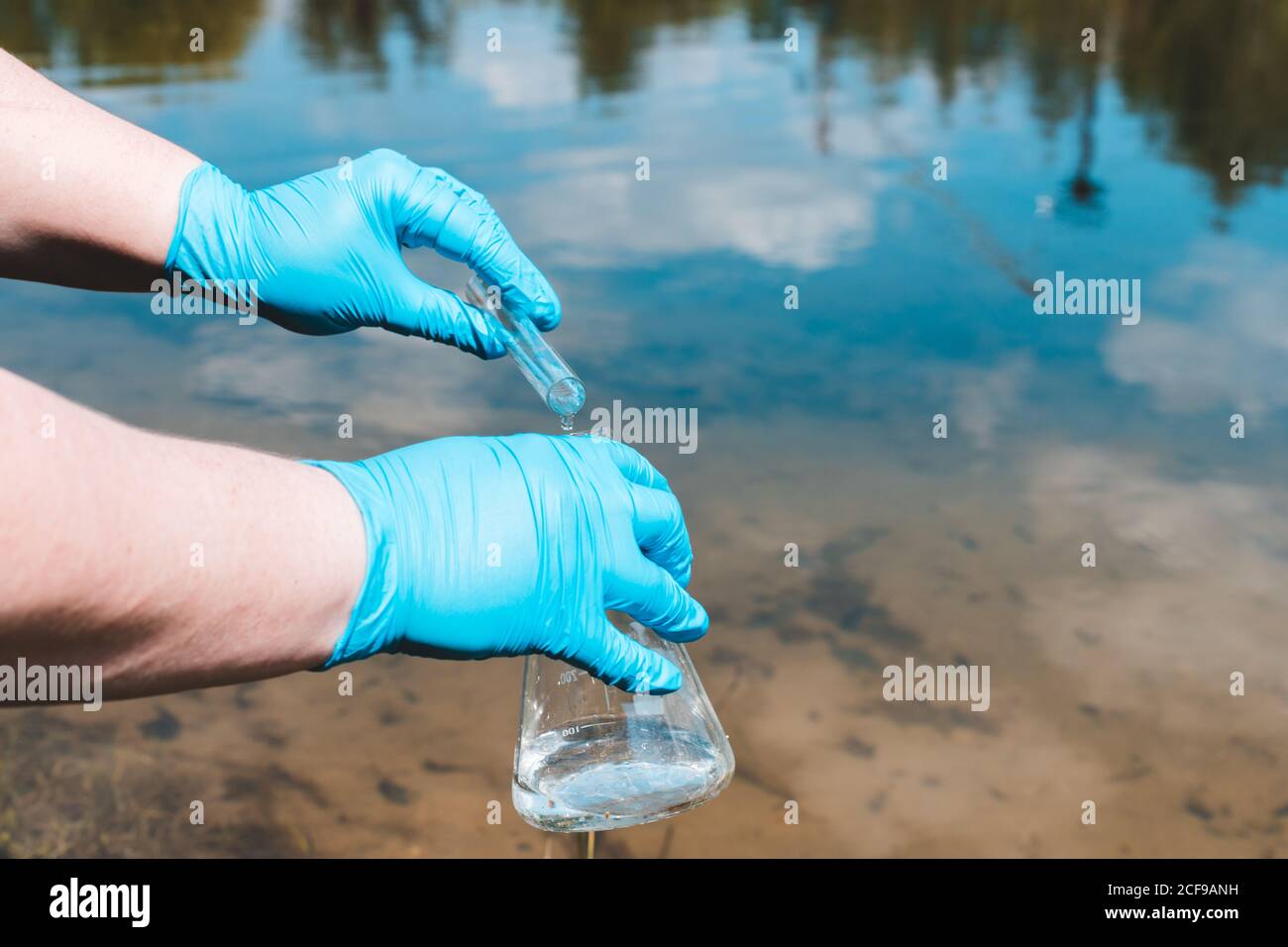 ecologist takes water in a test tube from a lake, river, sea. The ...