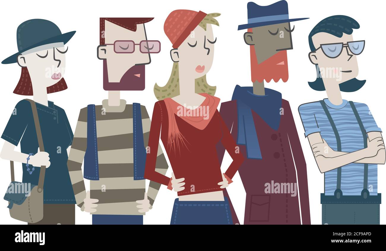 Retro style illustration of several young people with hipster look that ...