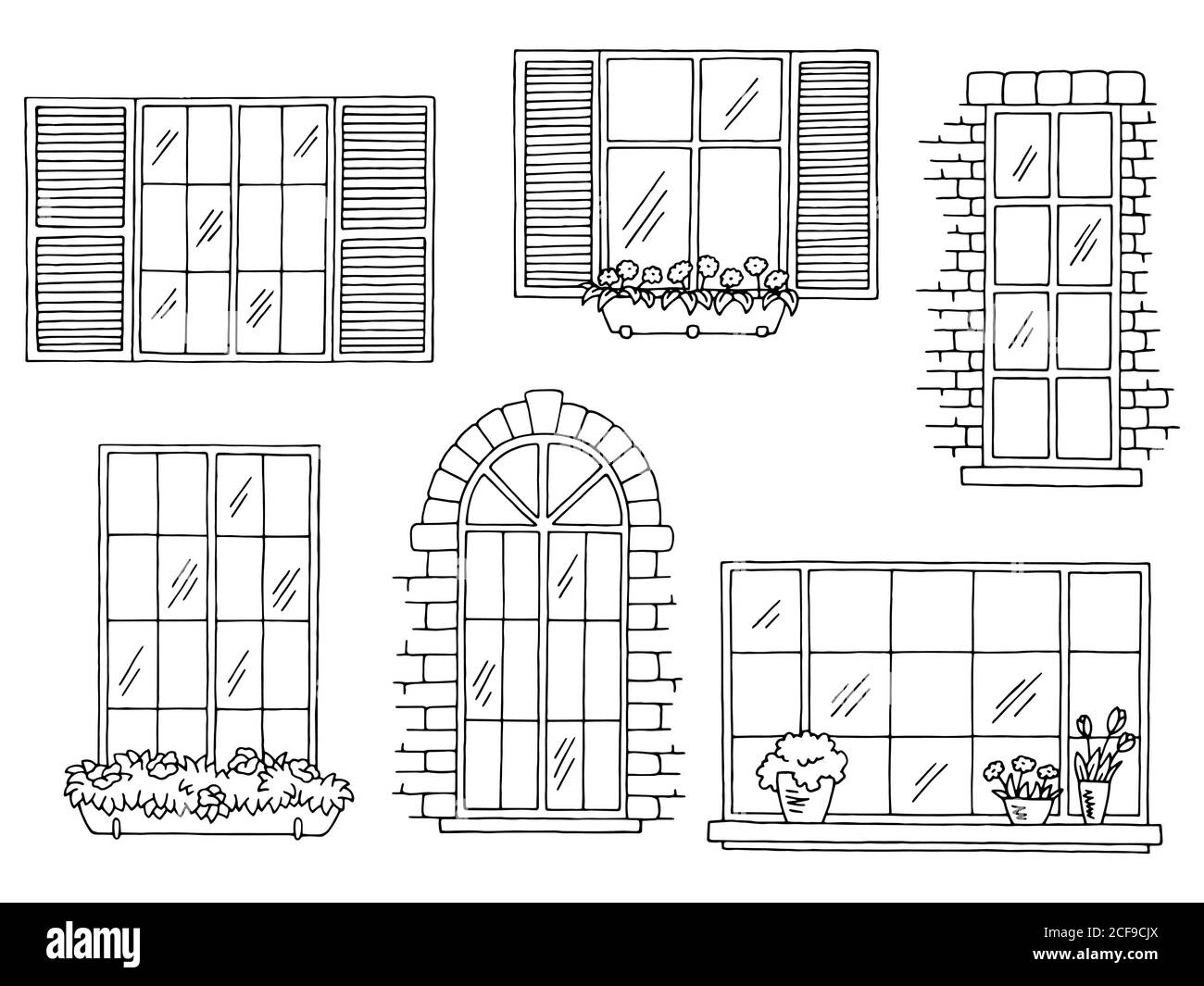 Windows set graphic black white isolated sketch illustration vector ...