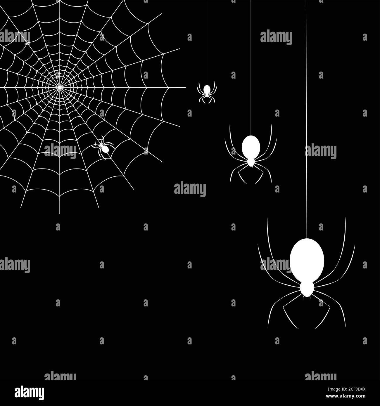 Hanging spiders and spider on spider web on black background. Vector ... Hanging spiders and spider on spider web on black background. Vector ...