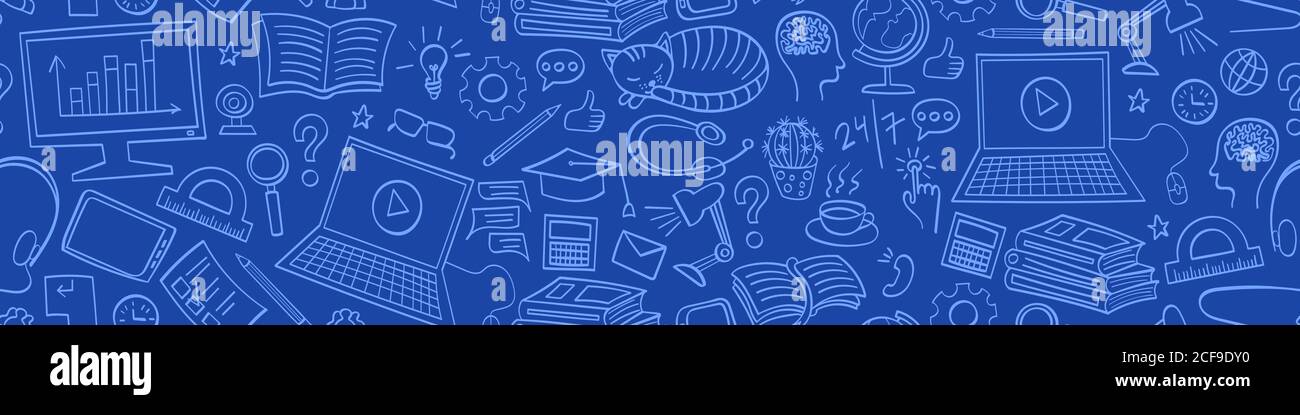 Online education seamless horizontal border. Internet learning doodles ...
