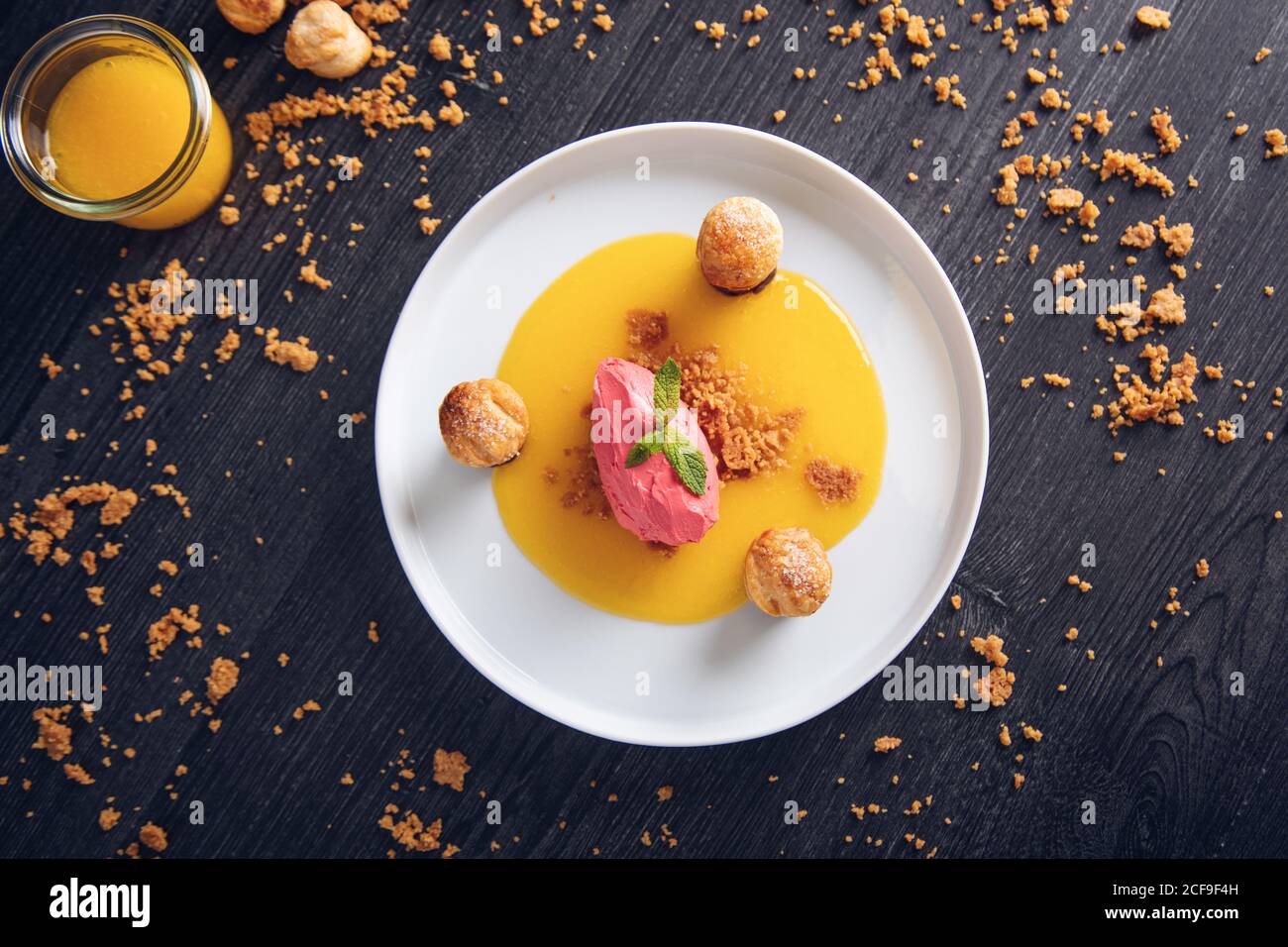 Raspberry ice cream with curable oranges chocolate and puff pastry ...