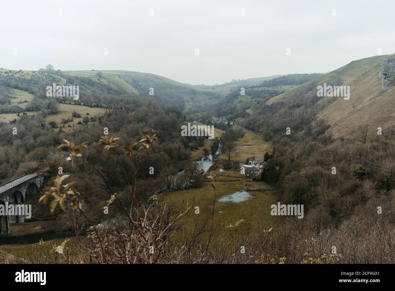 River flowing among mountain valley in gray day Stock Photo - Alamy