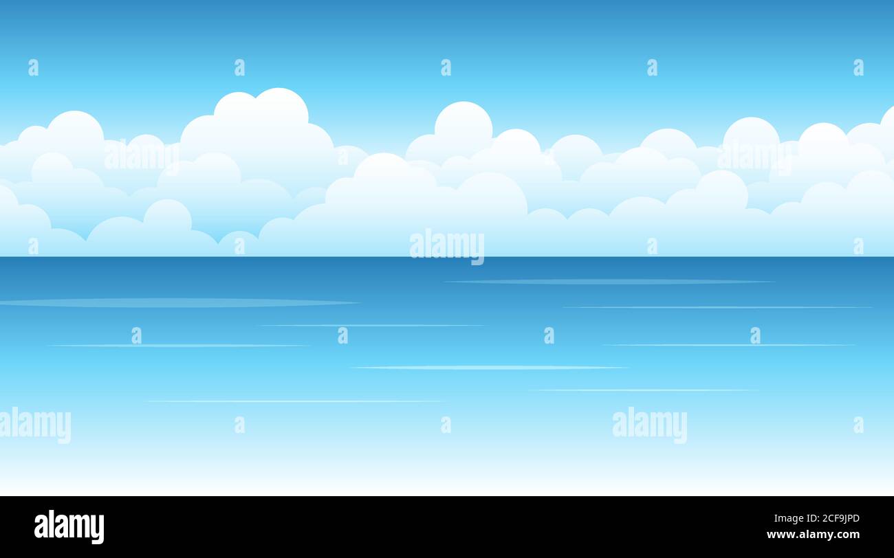 Blue sea wave with white clouds cartoon, sky background landscape ...