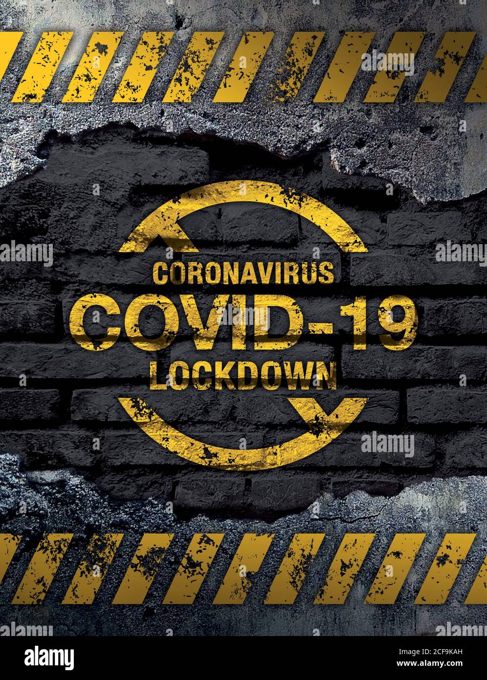 Covid-19 (Coronavirus) lockdown sign on old brick wall background Stock ...