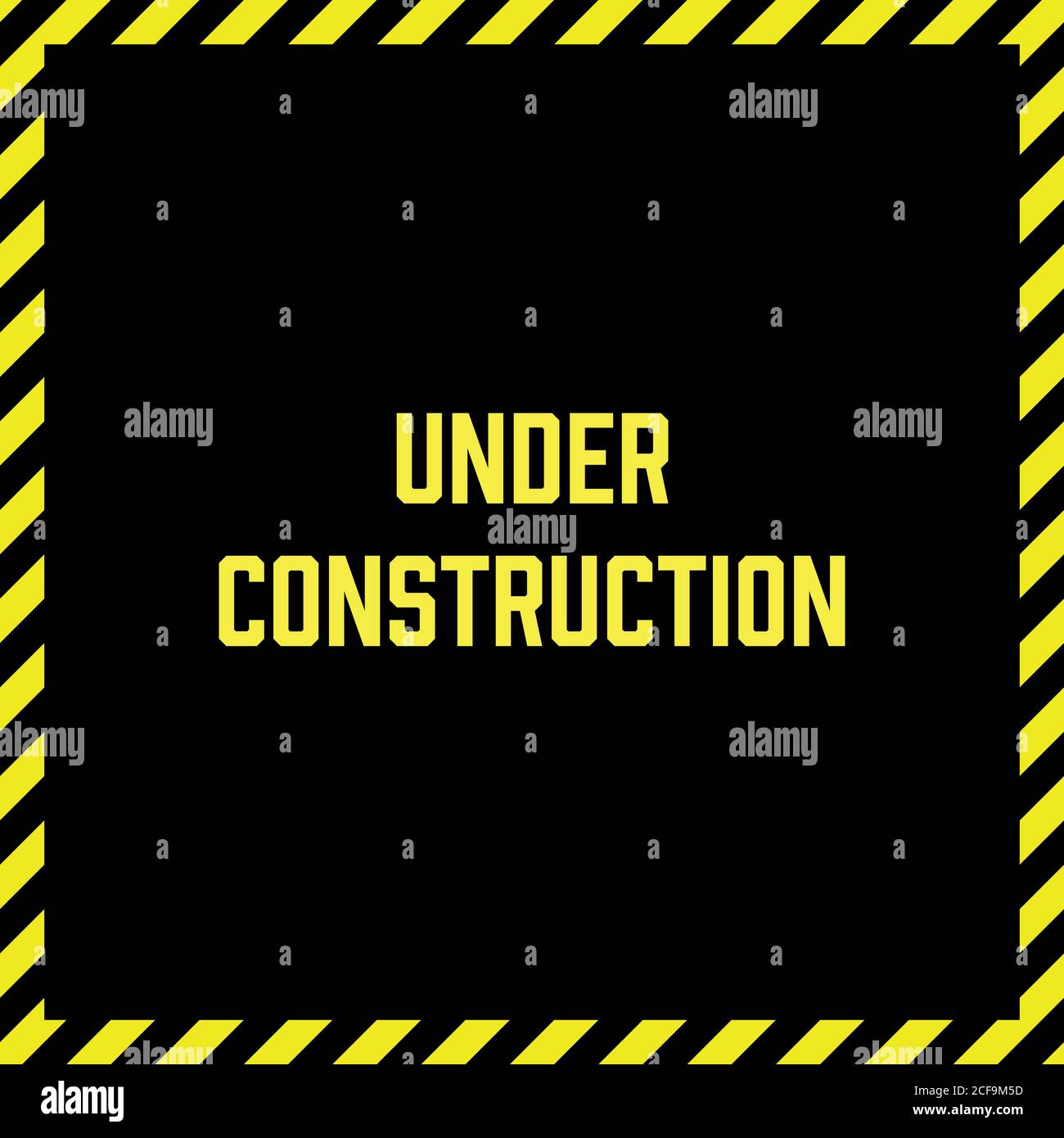 Under construction label with yellow and black striped frame. Square ...