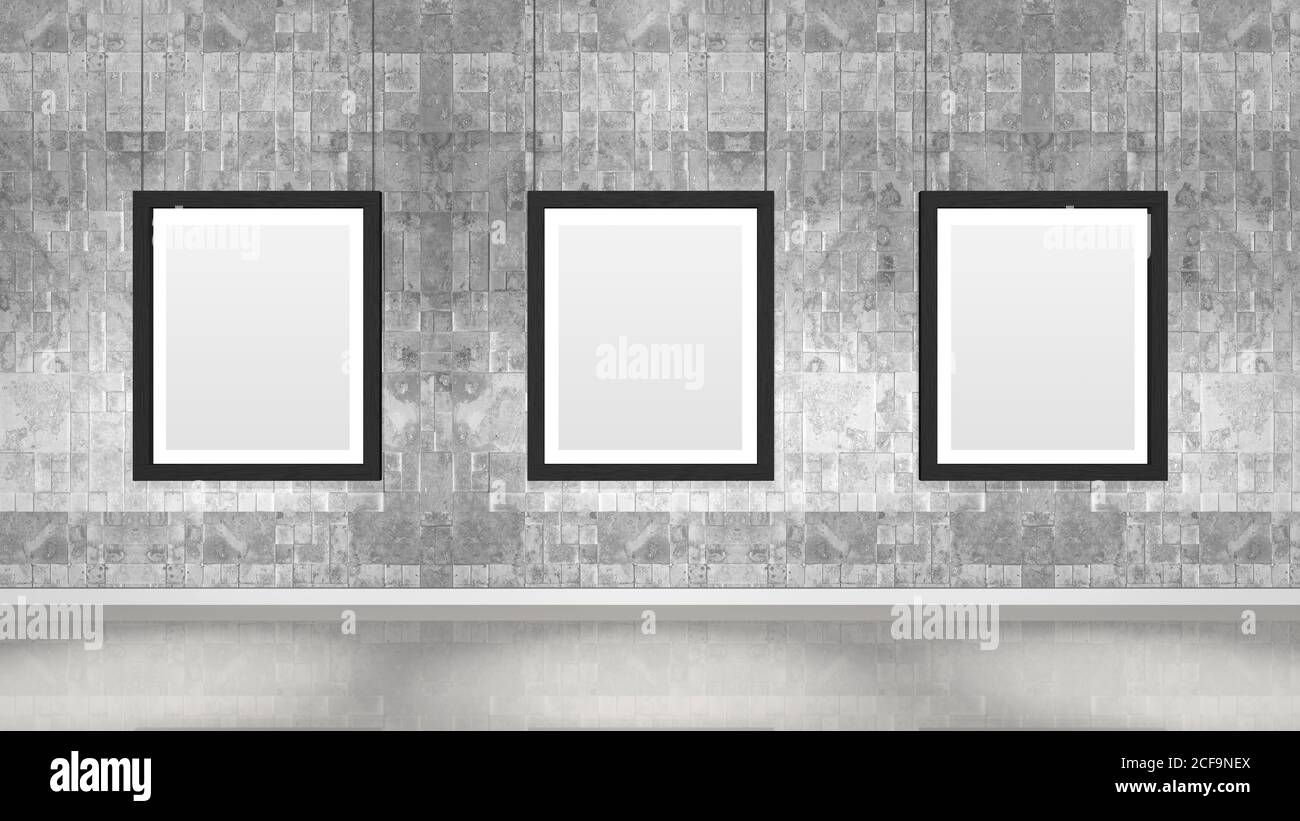 Art museum wall with three vertical frames. Industrial style modern ...