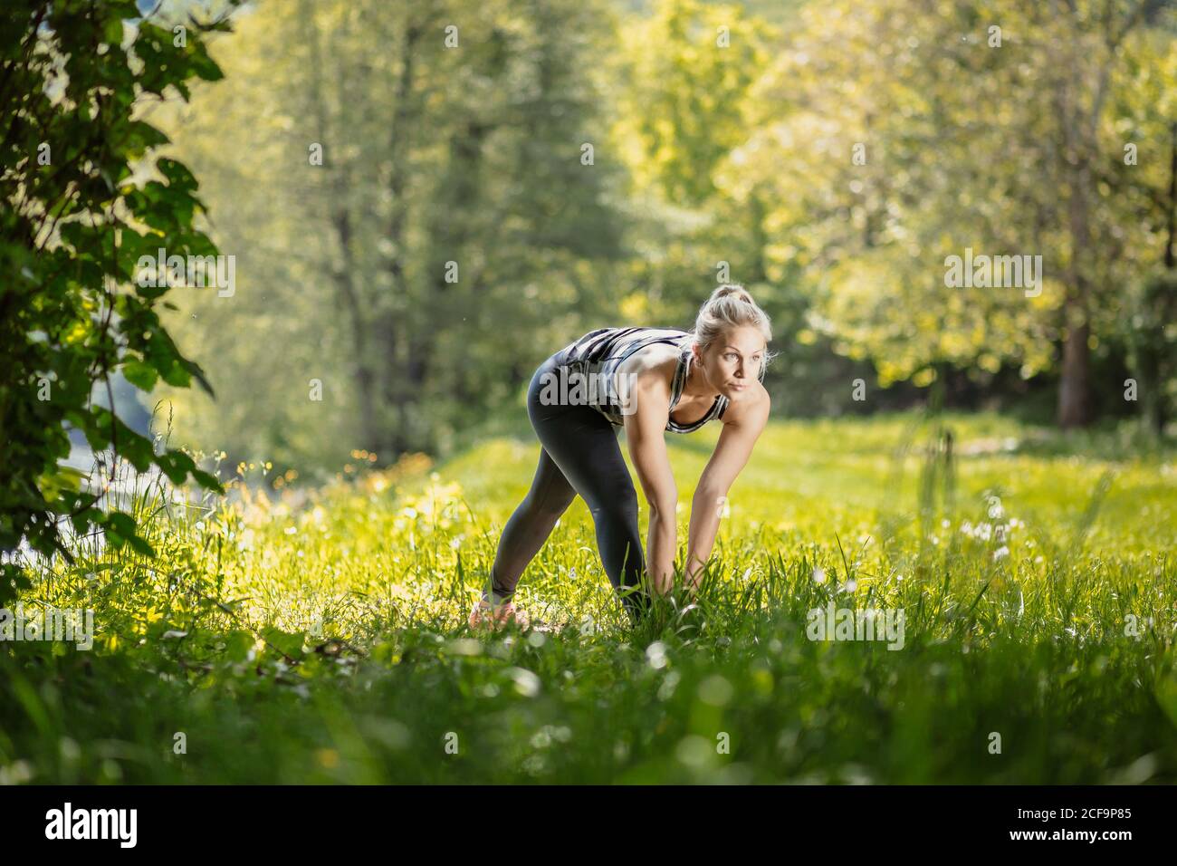 Blonde girl doing pyramid pose in the nature. Parsvottonasana. Yoga ...