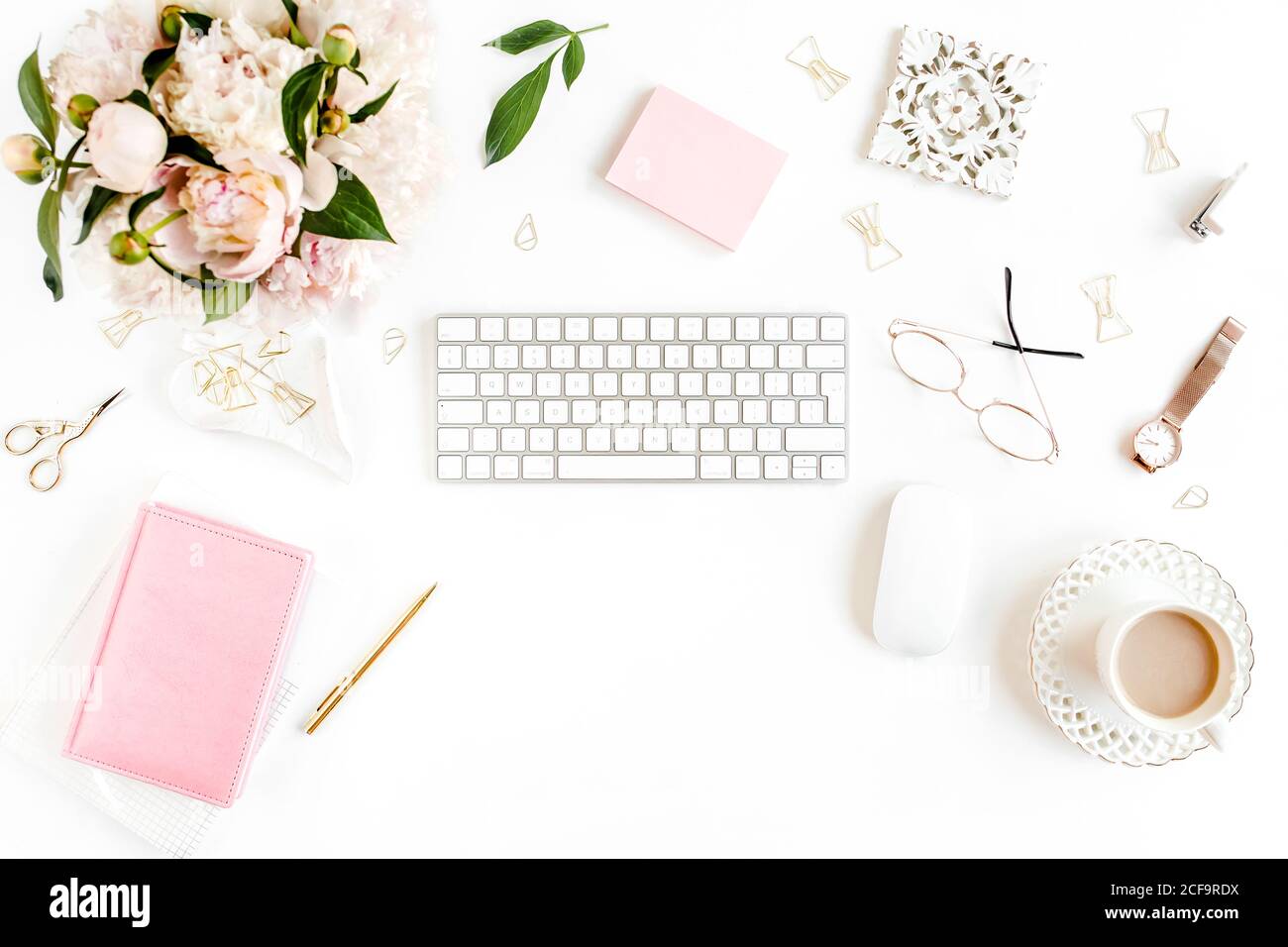 Flat lay women's office desk. Female workspace with computer, pink ...