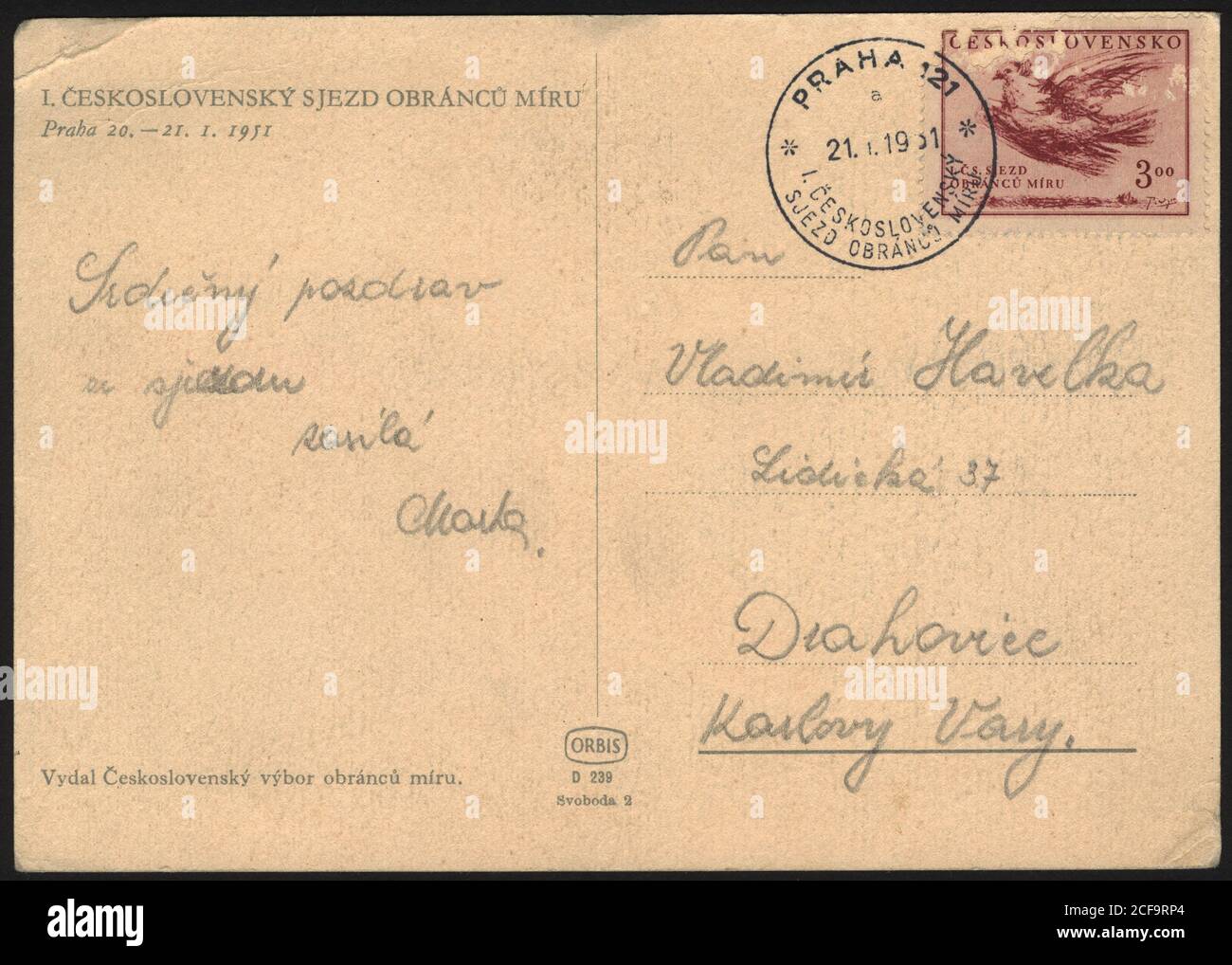 Envelope, stamps and stamp of a letter sent from Czechoslovakia. An old ...