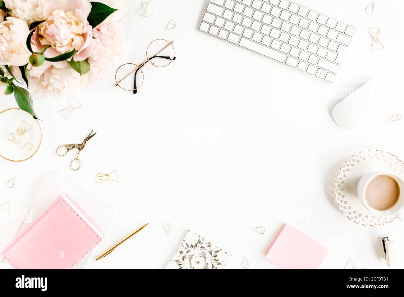 Flat lay women's office desk. Female workspace with computer, pink ...