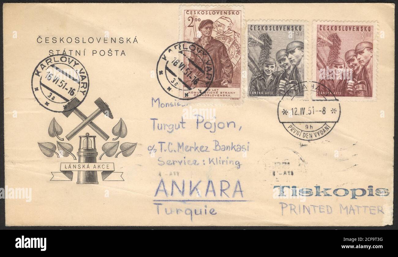 Envelope, stamps and stamp of a letter sent from Czechoslovakia. An old ...